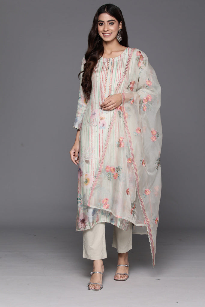Varanga Women Olive Stripe And Floral Printed Straight Kurta With ...